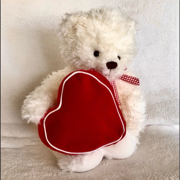 Hallmark | Toys | Fluffy White Teddy Bear W Zippered Red Heart Bag ...
